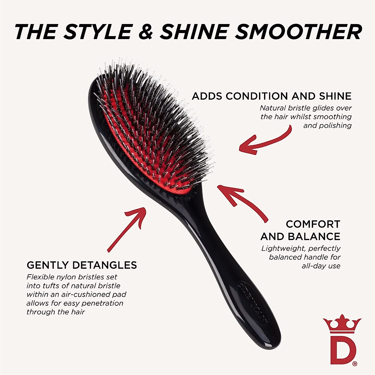 Denman Style and Shine Hair Brush for Slick Back Looks and Adding Glossy Shine to Hair with Soft Nylon Quill Boar Bristles for Sleek Smoothing, Detangling and Styling – Black, D81M