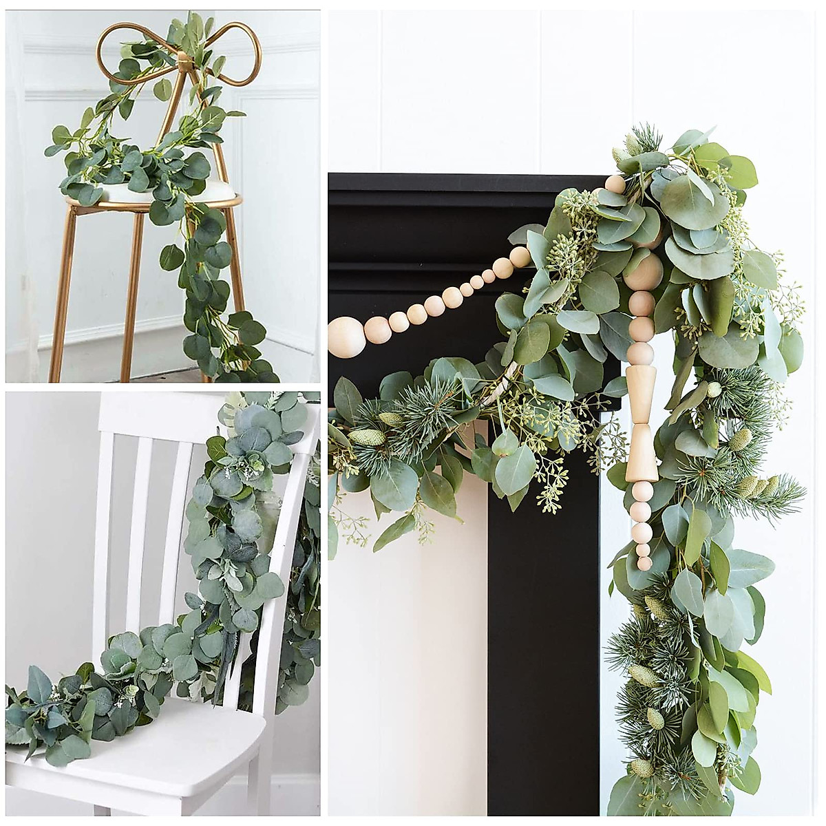 Whonline 8pcs 48ft Artificial Eucalyptus Garland, Silver Dollar Eucalyptus Leaves Vine, Faux Greenery Garland Bulk for Wedding Garland, Centerpieces for Tables, Home Decor, Arch Wall Decoration