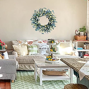 Egolot 24 Inch Summer Spring Blue Ivory Lavender Flower Wreath for Front Door, Rustic and Farmhouse Wild Flowers Wreath for Inside and Outside, Coastal Blue Flower Wreath for Home Decorating