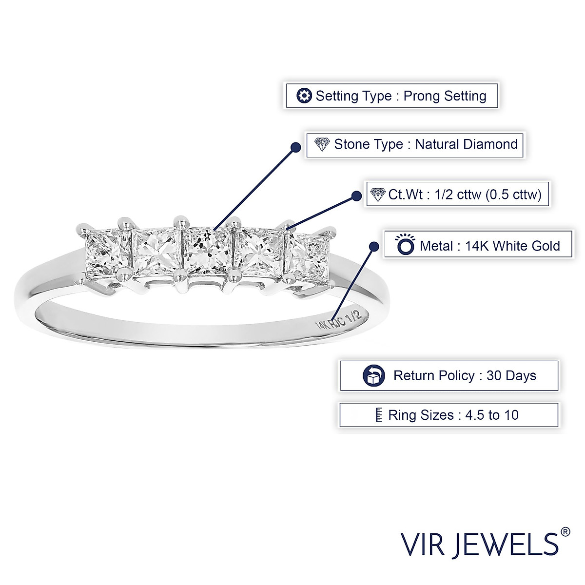VIR JEWELS 1/2 cttw Engagement Ring, Princess Cut Diamond Engagement Ring in 14K White Gold 5 Stones, Size 7.5