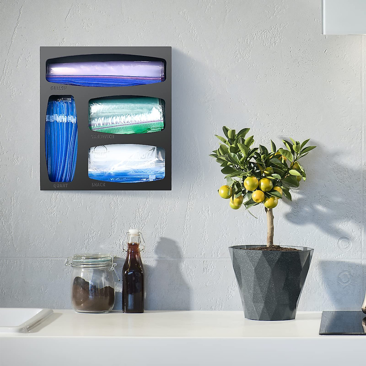 Ziplock Bag Storage Organizer - Bamboo Baggie Organizer for Kitchen Drawer - Black Kitchen Drawer Organizer - Compatible with Gallon, Quart Slider, Sandwich & Snack Variety Size Bags