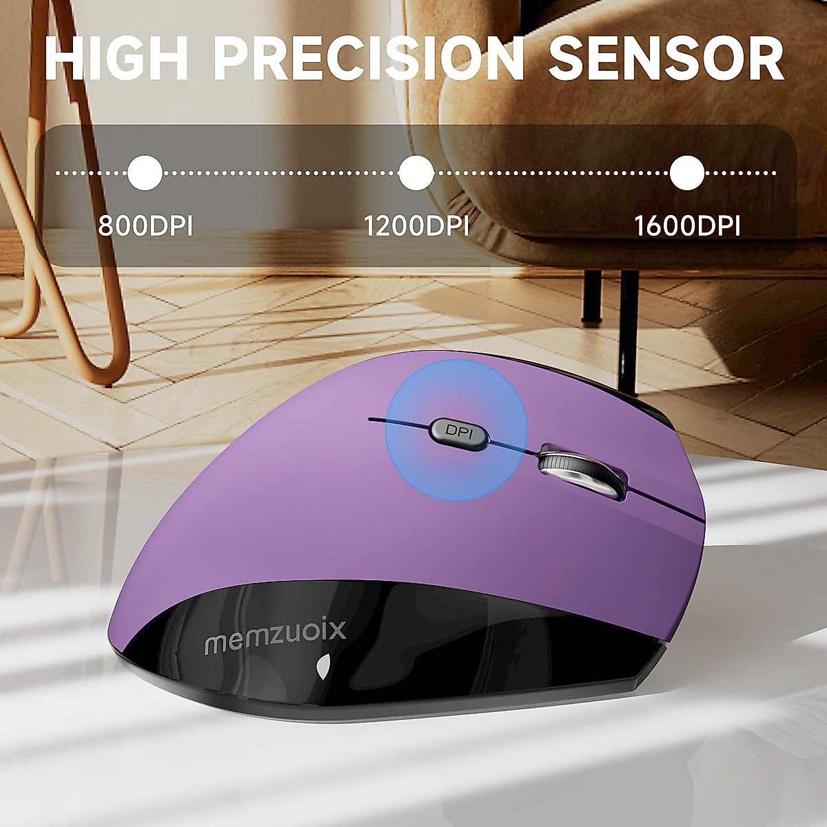 memzuoix Ergonomic Mouse Wireless,2.4G Optical Cordless Mice with 800/1200/1600 DPI,Vertical Computer Wireless Mouse for Laptop, Mac,PC,Desktop (for Right Hand, Large),Purple Mouse
