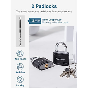 Puroma 2 Pack Keyed Padlock with 3 Keys, 1.1 Inch Locker Lock 40mm Heavy-Duty Locks for Gate Fence Hasp Cabinet Toolbox School Gym Locker (Black)