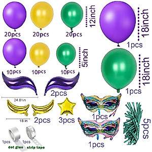 Mardi Gras Balloon Garland Kit,108 PCS Purple Green Gold Balloons Mask Sign Foil Balloons for Mardi Gras Masquerade New Orleans Party