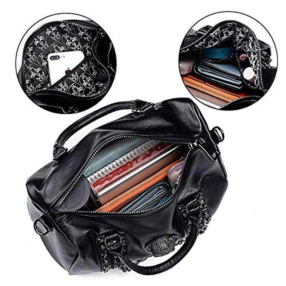 FiveloveTwo Women Skull Chain Handbag and Purse Gothic Rivet Tote Satchel Shoulder Bag Black