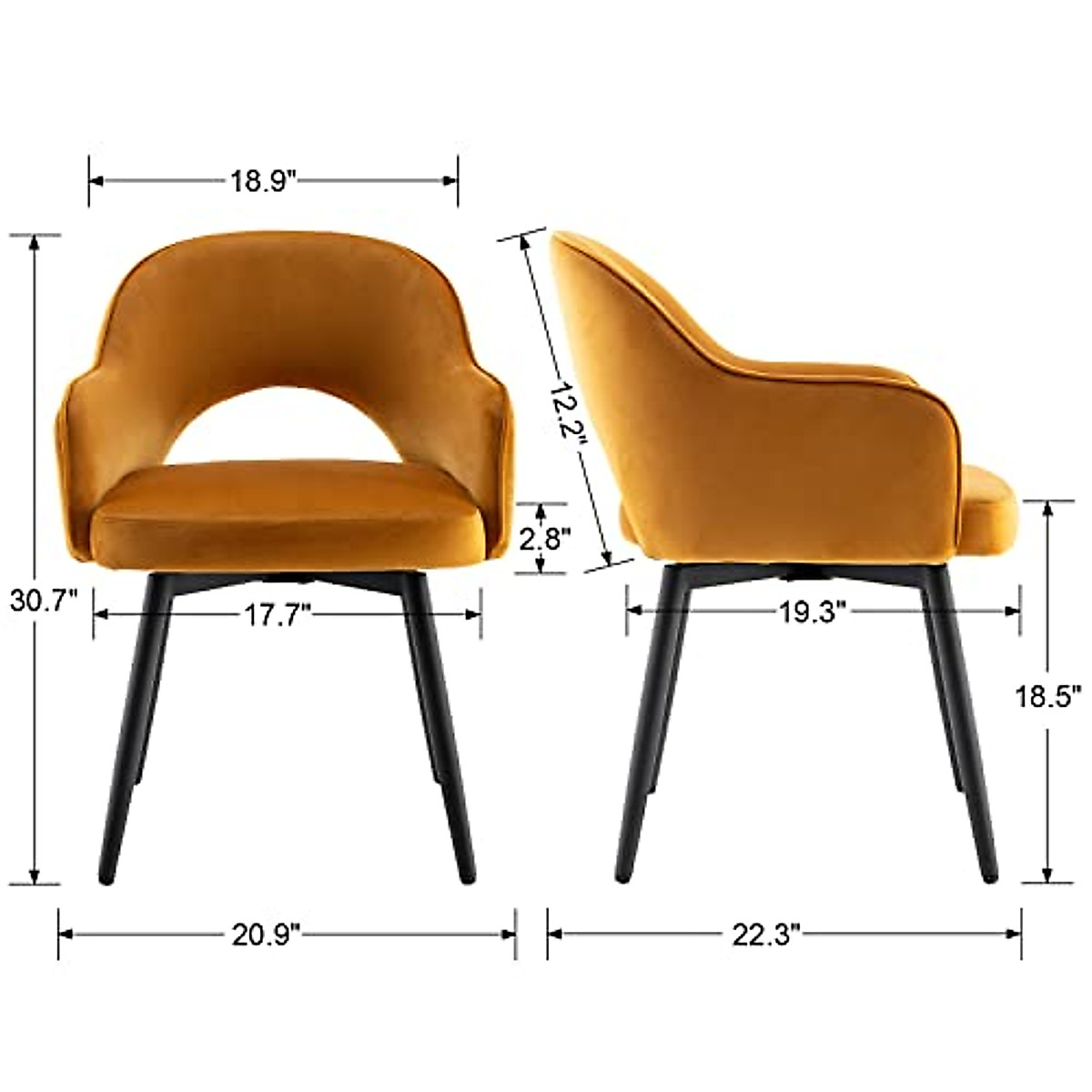 DUOMAY Swivel Dining Chair Set of 2, Velvet Upholstered Side Chair Modern Accent Guest Chair Home Office Desk Chair with No Wheels for Dining Room Living Room Office, Yellow