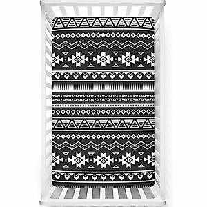 Aztec Themed Fitted Crib Sheet,Standard Crib Mattress Fitted Sheet Toddler Bed Mattress Sheets-Baby Sheet for Boys Girls, 28“ x52“,Black White