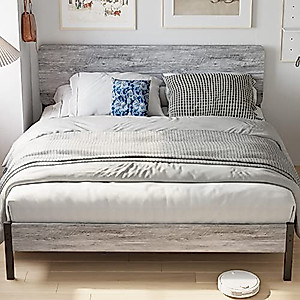 LIKIMIO King Size Bed Frame, Metal Bed Frame Full with Headboard and Strong Steel Slat Support, Easy Assembly, No Box Spring Needed, Industrial Gray