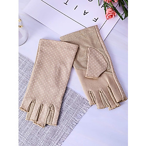 Boao 2 Pieces Women Sunscreen Fingerless Gloves UV Protection Half Finger Sunblock Gloves for Driving Riding Fishing Golfing Outdoor Activities (Black, Khaki Dot)