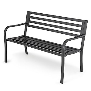 Athena Collection 50" Garden Bench Outdoor Patio Bench with Backrest, Cast Iron Metal Frame Porch Bench Park Farmhouse Bench Weatherproof Furniture for Backyard Lawn Garden Entryway, Black