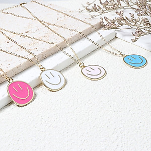 AULSIEY Smile Face Necklaces Cute Necklaces For Teen, Pink Necklace Hot Pink Jewelry Preppy Necklaces, Hot Pink Necklaces 14k Gold Plated Necklace Happy Face Necklace- Hot Pink