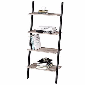VASAGLE Ladder Shelf, 4-Tier Bookshelf, Storage Rack Shelves, for Living Room, Kitchen, Office, Steel, Stable, Sloping, Leaning Against The Wall, Industrial, Greige and Black ULLS043B02