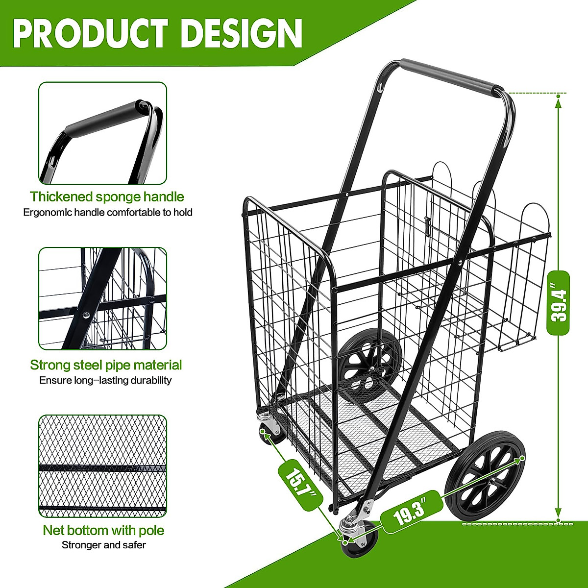Folding Shopping Cart, Grocery Cart On Wheels Foldable, Shopping Carts for Groceries, Collapsible Shopping Cart Holds up to 70L/Max 110Ibs for Kitchen Storage Carts Utility Carts