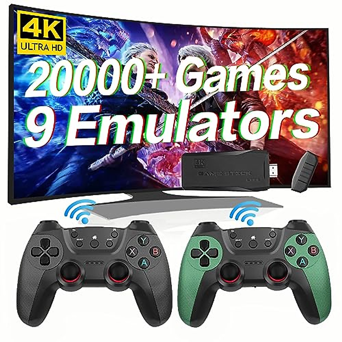 Wireless Retro Game Console, Plug & Play Video TV Game Stick with 20000+ Games Built-in, 9 Emulators, 4K HDMI Nostalgia Stick Game for TV, Dual 2.4G Wireless Controllers, 64G