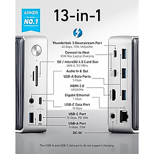 Anker 577 Docking Station (13-in-1, Thunderbolt 3) 85W Charging for Laptop, 18W for Phones, 4K Dual Display, 10 Gbps USB-C Data, Ethernet, Audio, SD 4.0
