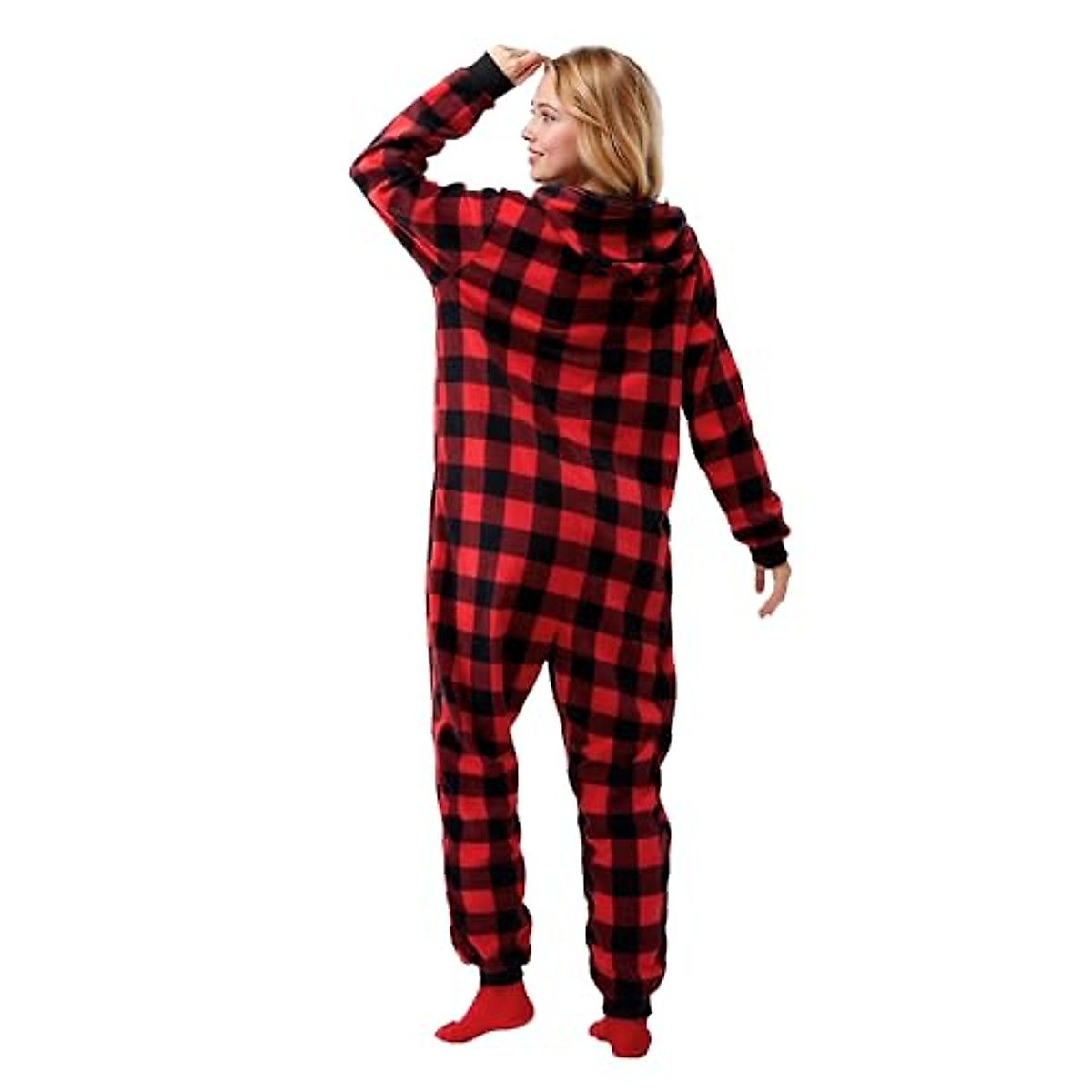 Giggling Getup Christmas Fleece Plaid Pajamas Jumpsuits Adult, Christmas Women Hoodie Full Zipper Pajamas-XL Red