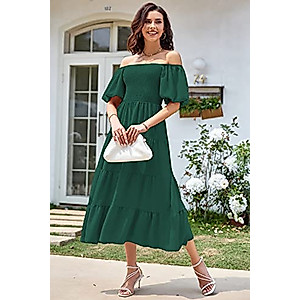 ROYAL MATRIX Women's Summer Short Puffy Sleeve Midi Dress Square Neck Smocked Flowy Tiered Beach Dress Flowy A Line Dress (Dark Green, Medium)