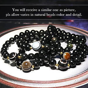 L&C Feng Shui Black Obsidian Beaded Bracelet - Women Mens 8MM Natural Obsidian Crystal Evil Eye Agate Relief Reiki Healing Stone Protection Link Bracelet Bring Luck Prosperity Wealth (Black Evil Eye)