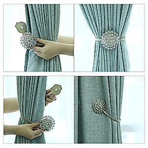 Lewondr Curtain tie Magnetic, 1 Pair Sparkling Crystal Flower Curtain Tieback Stretchy Curtain Buckle Clips Curtain Bind Stainless Spring Wire Magnetic Drapery Holder - Silver