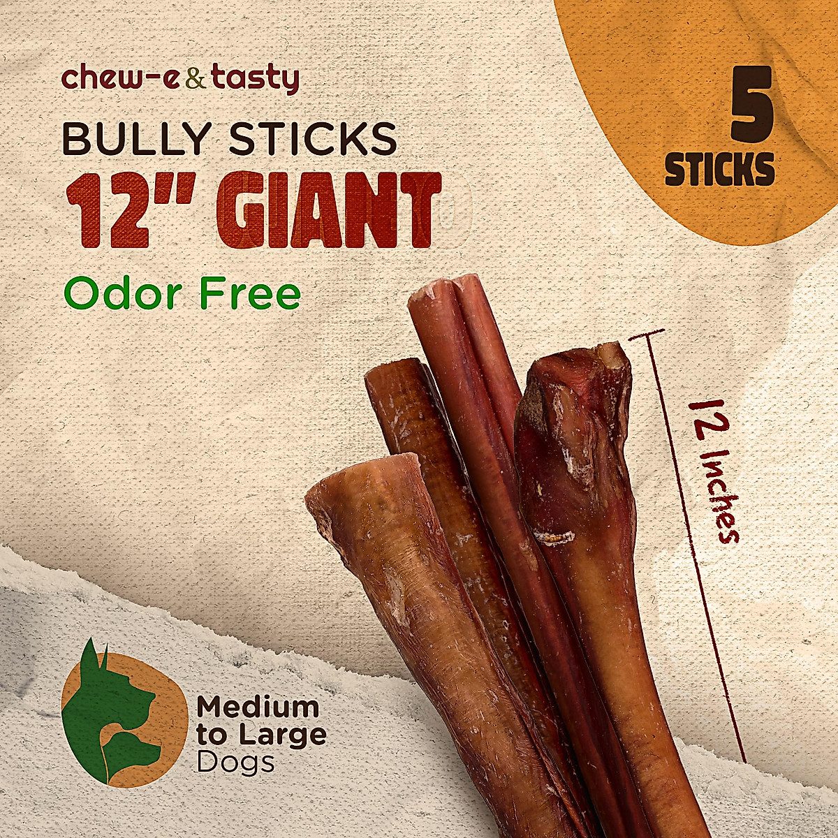 chew-e&tasty 12" Giant Odor Free Bully Sticks (Pack of 5) - Long Lasting Beef Chews for Power Chewers Made of Digestible High Protein & Low Fat Dental Treats Bully Sticks for Large to Very Large Dogs