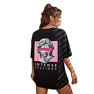 SweatyRocks Women's Short Sleeve Drop Shoulder Round Neck Tee Graphic Print Oversized Loose Fit T-Shirt Tops Black Pink M