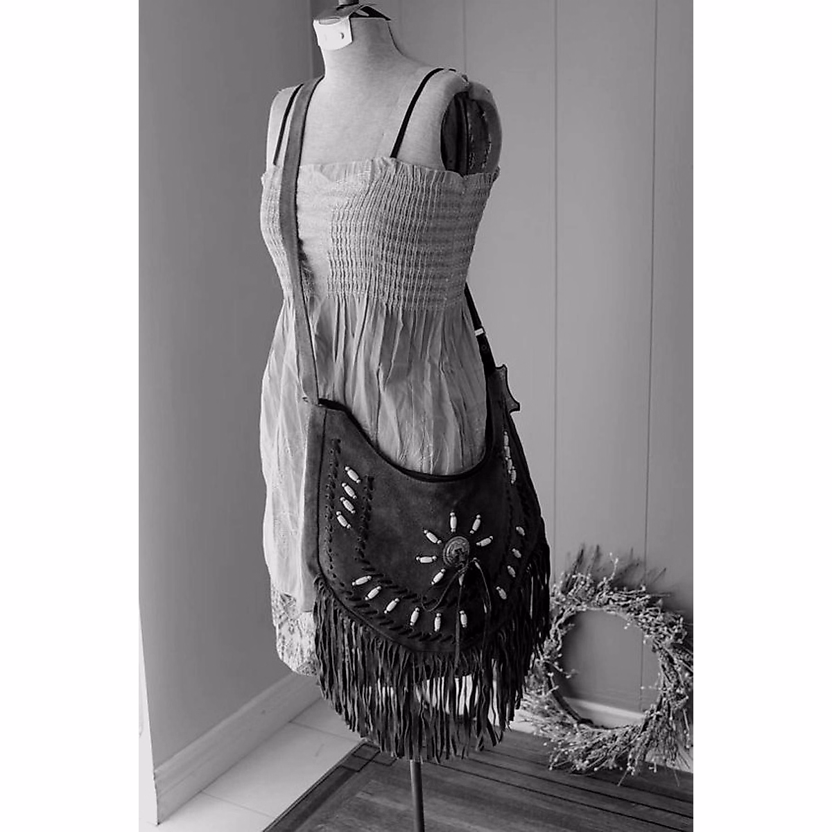 Fringe Suede Leather Purse Bag Shoulder Cross Body Straps Southwest Hair Pipes Cabachon