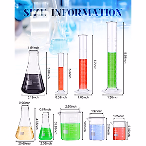 18 Pieces Lab Glassware Set Beaker Flask Cylinder Set Includes 3 Glass Beakers 3 Erlenmeyer Flasks 3 Graduated Measuring Cylinders with Droppers Brushes and Glass Stirring Rod for Lab Experiment