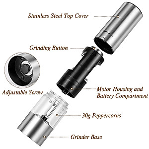SIMPLETASTE Electric Salt and Pepper Grinder Set, Automatic One Handed,Stainless Grinders with Lights and Adjustable Coarseness,Battery Operated