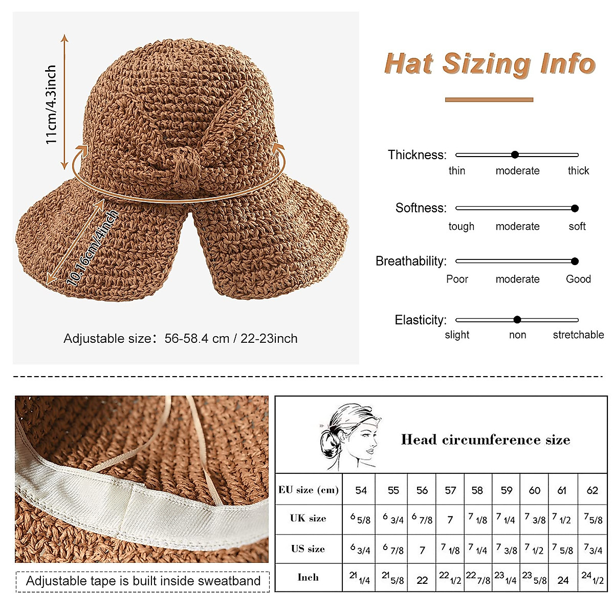 Foldable Wide Brim Floppy Straw Beach Sun Hat,Summer Cap with Bowknot for Women Girls,Strap Adjustable (2 Pack Beige & Khaki)