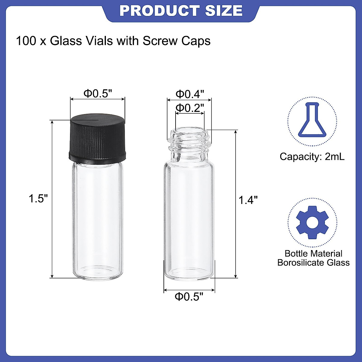 PATIKIL 2ml Clear Glass Vials, 100 Pack Sample Vials with Screw Cap Reagent Media Bottle Leak-Proof Liquid Sample Glass Vial for Lab Laboratory