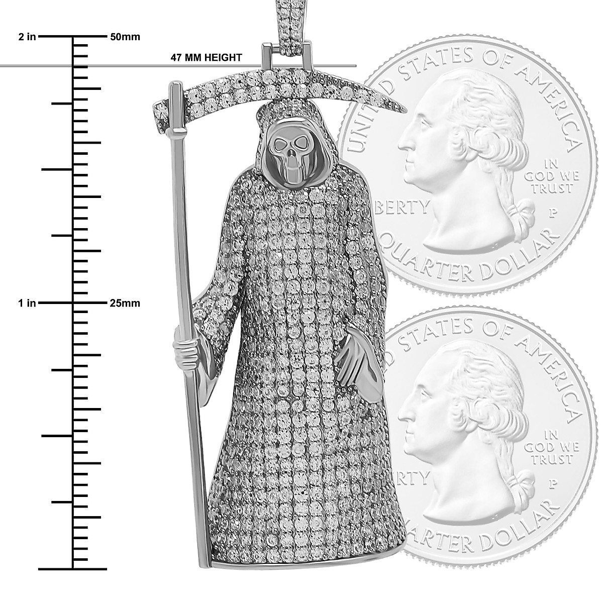 Charm America Silver Santa Muerte Pendant with Cubic Zirconia Stones - 925 Sterling Silver/Gold Plated - Grim Reaper - Hiphop Jewelry (Rhodium Plated over Silver)