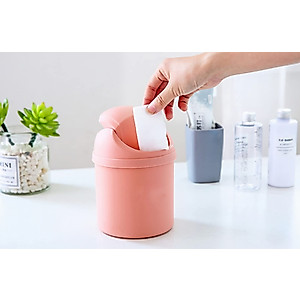 Sheebo 2Pcs Mini Trash Can with Swing Lid Wastebasket Value Packs with 100 Counts Mini Trash Bags for Bathroom Vanity, Desktop, Tabletop or Coffee Table - 2 Liter (Round Cone - Pink + Beige)