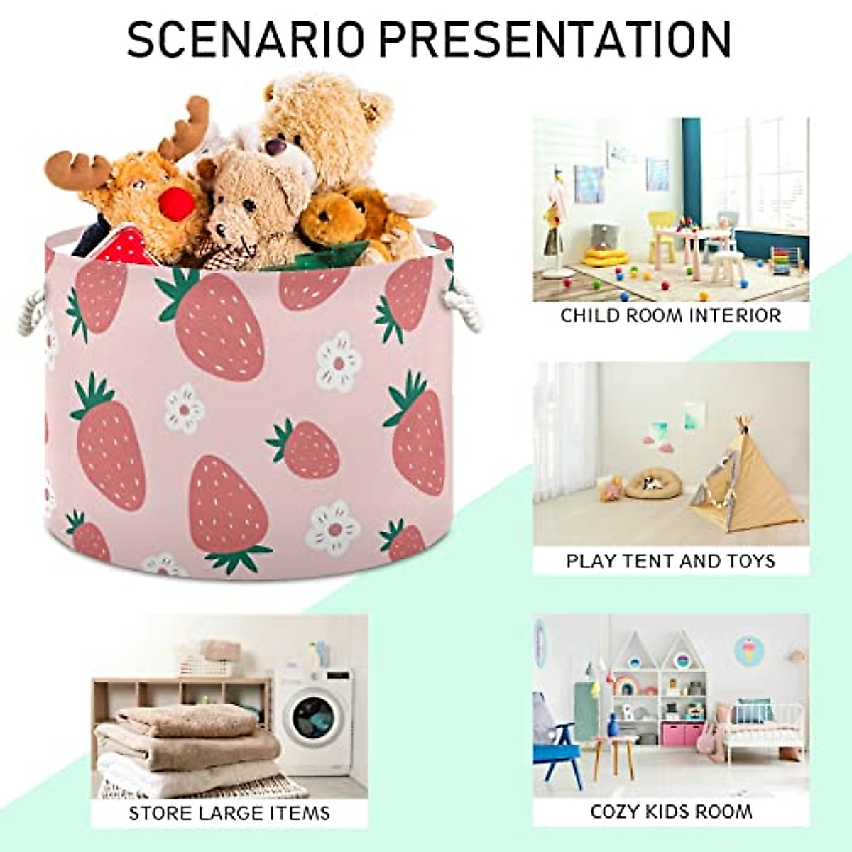 xigua Cute Strawberry (2) Large Round storage basket 20 x14 Inches Collapsible Round Storage Bin, Laundry Basket Organizer for Towels, Blanket, Toys, Clothes