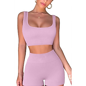QINSEN Workout Sets for Women 2 Piece Seamless Ribbed Crop Tank High Waist Shorts Yoga Outfits (L, Dusty Pink)