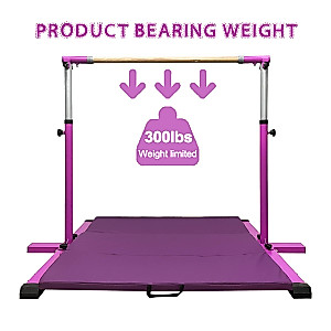 JOYSFIT Adjustable Gymnastics Bar for Kids with Mat - Sturdy Kip Bar with Rings, Horizontal Bar for Home Training, 3'-5' Height, Ages 3-15, 250 LBS Capacity, Easy Assembly. (Bar with Mat, Purple)