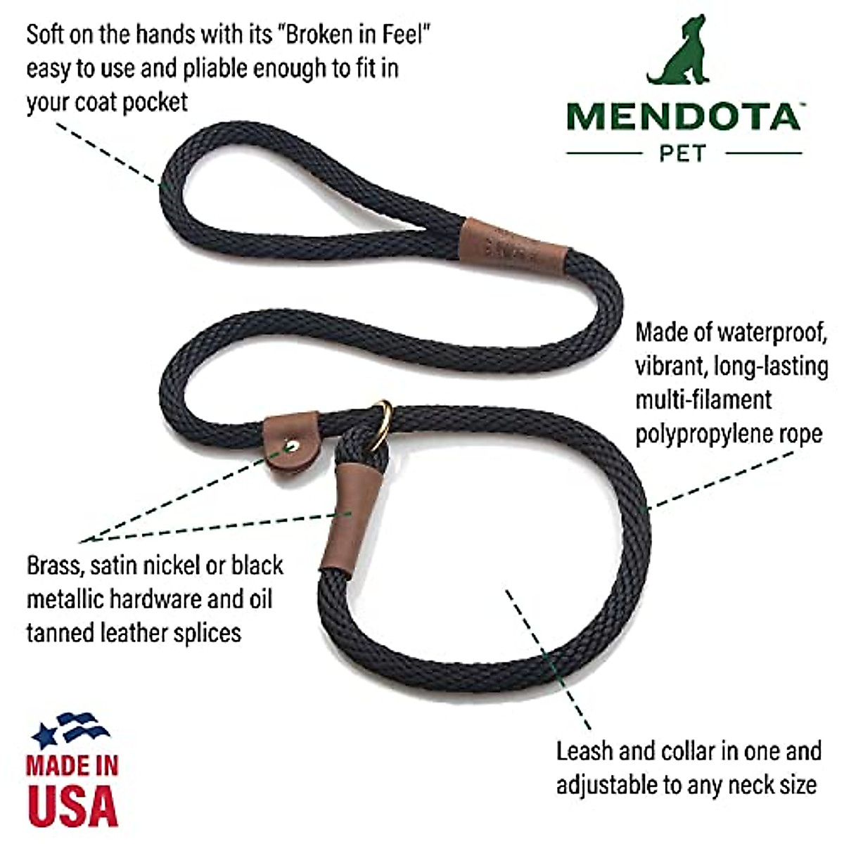 Mendota Pet Slip Leash - Dog Lead and Collar Combo - Made in The USA - Black, 3/8 in x 6 ft - for Small/Medium Breeds