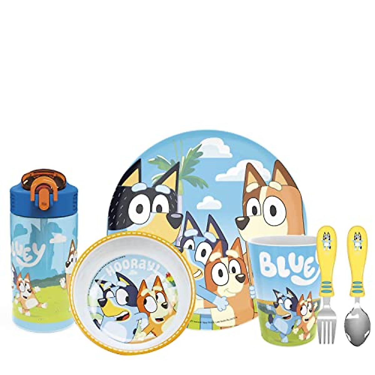 Zak Designs Bluey Kids Dinnerware Set Includes Plate, Bowl, Tumbler, Water Bottle, and Utensil Tableware, Made of Durable Material and Perfect for Kids (6 Piece Gift Set, Non-BPA)