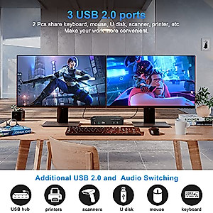 KVM Switch Dual Monitor Display Port and HDMI 4K@60Hz Extended Display KVM Switch 2 Monitors 2 Computers with Audio Microphone Output and 3 USB Ports, PC Monitor Keyboard Mouse Switcher