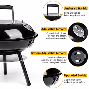 14Inch Portable Outdoor Charcoal Grill, Leonyo Small Tabletop BBQ Charcoal Grill Enamel Coated for Backyard Cooking, Camping, Picnics, Garden, Beach, Black