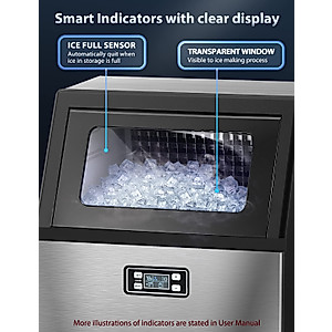 Commercial Ice Maker Machine Self Clean, 200lbs/24H Stainless Steel Ice Machine 105 Cubes/Batch in 11-18 Minutes with 48lbs Ice Storage Bin, Freestanding Ice Maker for Restaurant/Home/Food Truck