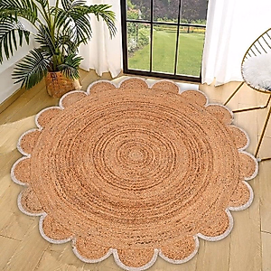 BUNDELA EXPORTS 4x4, 5x5, 6x6,feet Natural Jute Scallop Round Rug, Floor Scalloped Edge Rug Braided Boho Eco Large Circular Handmade Area Rugs (WHT_3x3)