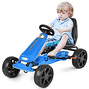 Costzon Go Kart, 4 Wheel Powered Ride On Toy, Outdoor Racer Pedal Car with Clutch, Brake, EVA Tires, Adjustable Seat (Blue)