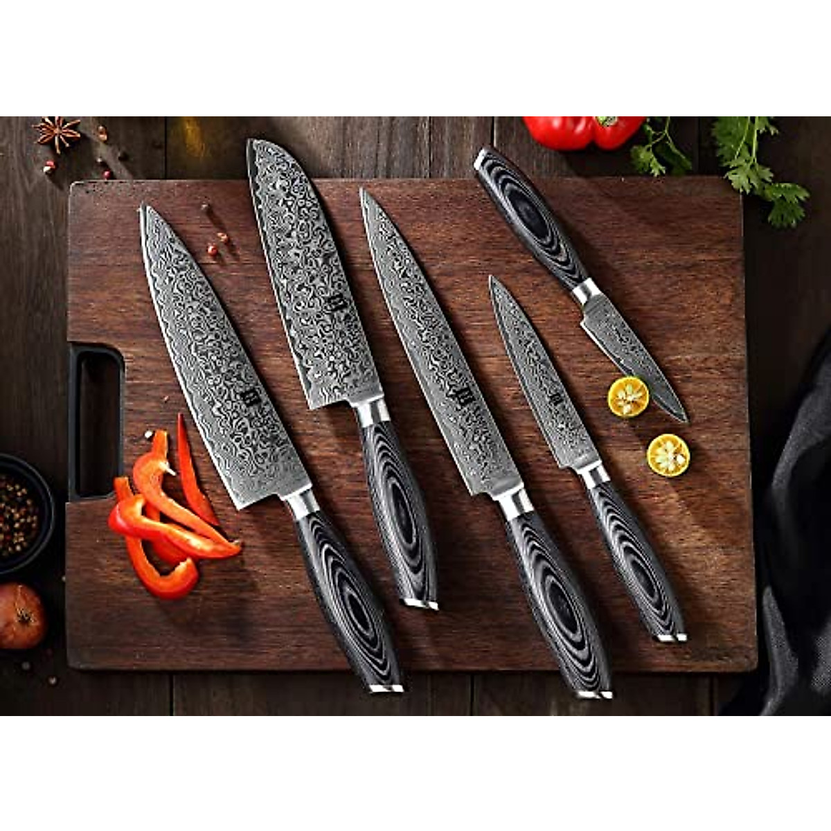 XINZUO 5PC Kitchen Knife Set Damascus Steel High Carbon Steel Chef Knife Slicing Knife Santoku Knife Utility Knife Paring Knife Sets with Pakkawood - Ya Series