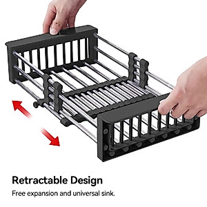 Over The Sink Dish Drying Rack, Retractable Stainless Steel Sink Strainer Telescopic Drain Basket Kitchen Rack Drain Basket Sink Organizer for Vegetable and Fruit(L-Black)