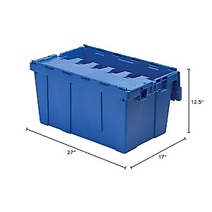 Buckhorn AR2717120209000 Industrial Plastic Stackable Storage KeepBox Tote Container with Hinged Attached Lid, 27-Inch L x 17-Inch W x 12-Inch H, Blue