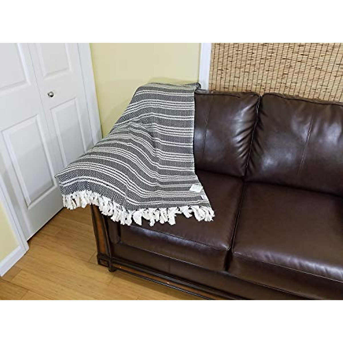 InfuseZen Turkish Throw Blanket Made from 100% Turkish Cotton, Large Lightweight Handwoven Sofa Throw, Partial Bed Cover or Loveseat Blanket (Black with Beige Stripes)