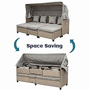 Danxee 4 Piece UV-Proof Resin Outdoor Sectional Sofa Set Patio Rattan Daybed with Retractable Canopy, Wicker Patio Sofa Set with Cushions, Pillows, and Lifting Table