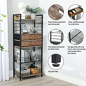 Yuyetuyo Bookshelf Industrial Retro Wood Bookcase with 2 Drawers and Wire Baskets, 4 Tier Free Standing Book Storage Shelf Display Rack for Living Room Bedroom Office, Rustic Brown