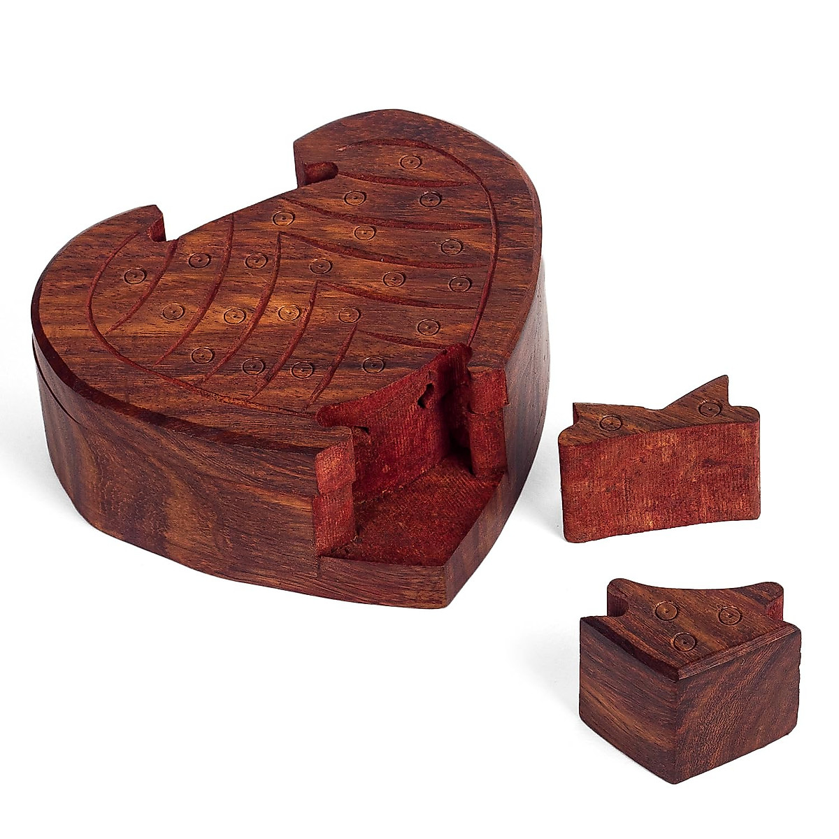 Lify All Natural Exotic Woods Puzzle Box, with Sliding Wooden Key Lock, Sliding Cover and Inner Lid to Hidden Compartment. Hand-made Wood Onlay Design on Lid.- 1 Piece (Heart (Double Open))