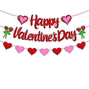 Happy Valentine’s Day Banner Romanic Red Heart Garland for Women Girls Valentine’s Day Themed Anniversary Wedding Engagement Bridal Shower Party Supplies Glitter Decorations